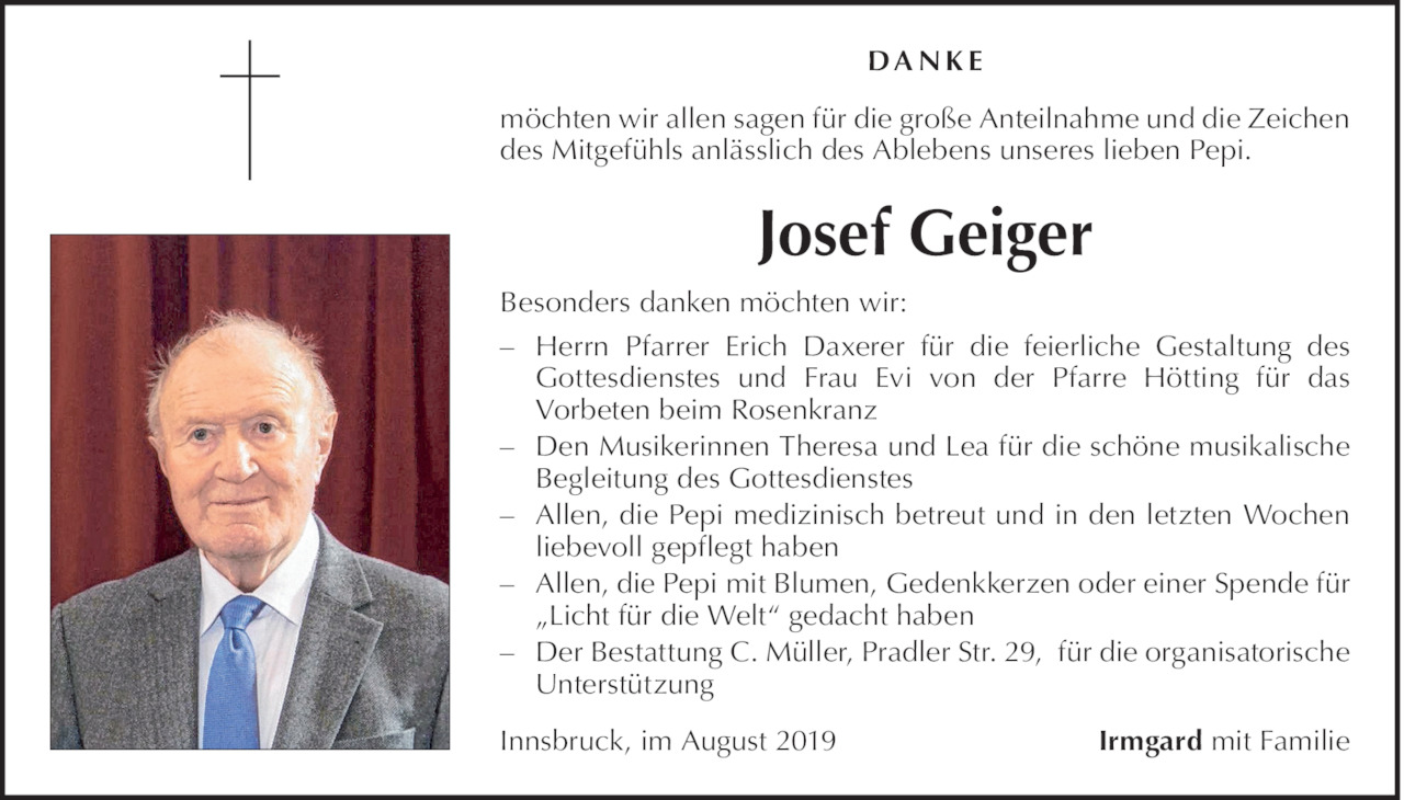 Danksagung von Josef Geiger vom 10.08.2019 | Tiroler Tageszeitung