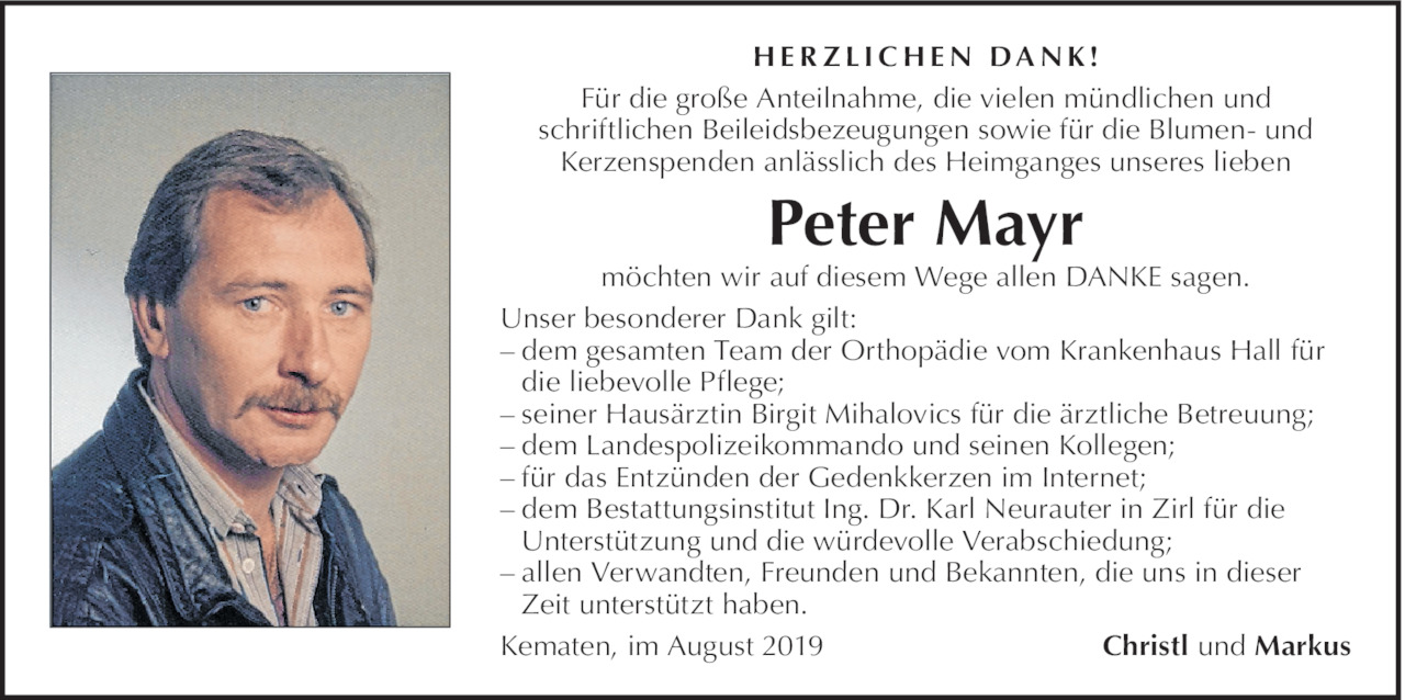 Danksagung von Peter Mayr vom 17.08.2019 | Tiroler Tageszeitung