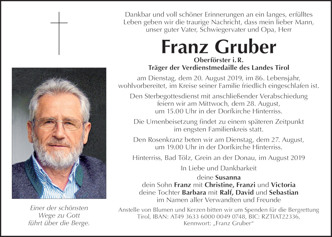 Traueranzeige von Franz Gruber vom 20.08.2019 | Tiroler Tageszeitung