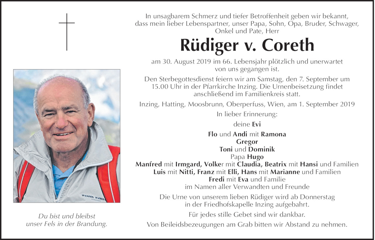 Traueranzeige von Rüdiger Coreth vom 30.08.2019 | Tiroler Tageszeitung