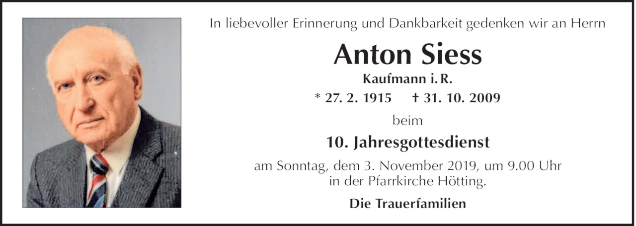 Jahrestag von Anton Siess vom 31.10.2009 | Tiroler Tageszeitung