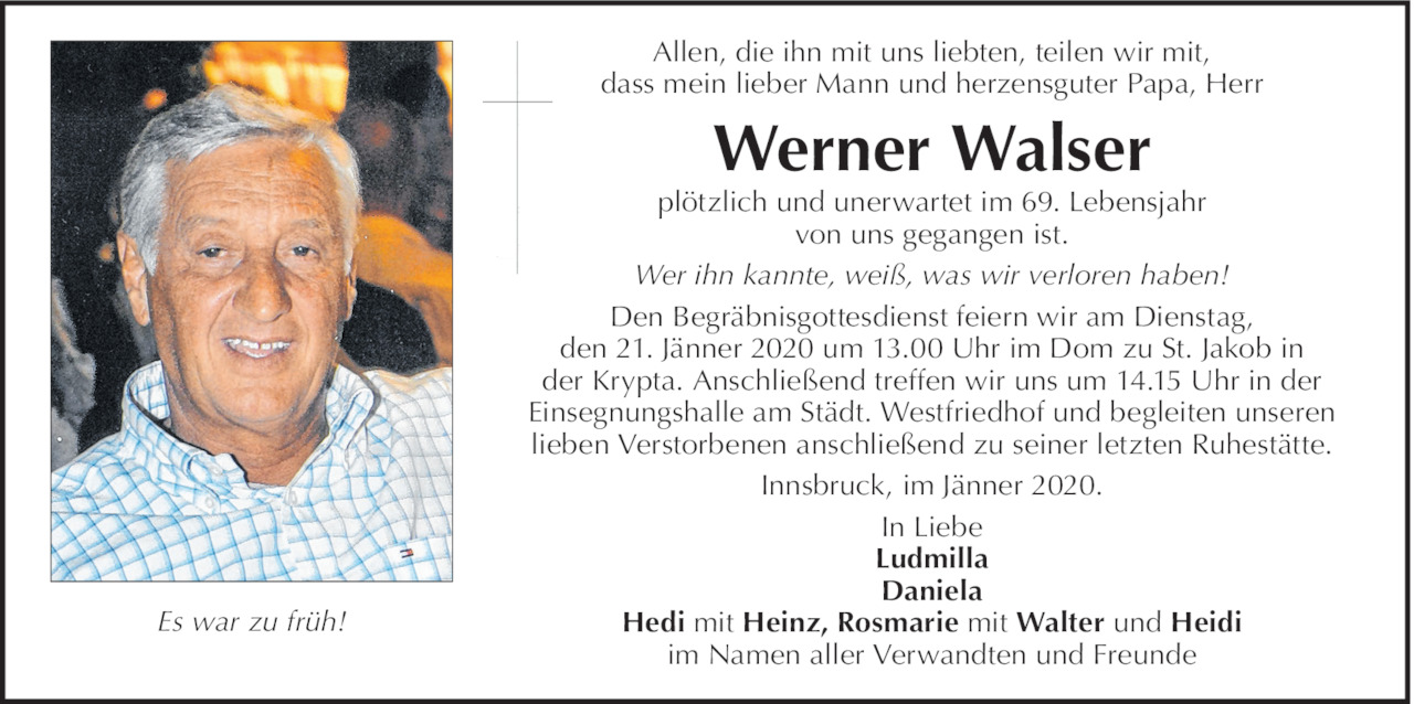 Traueranzeige von Werner Walser vom 17.01.2020 | Tiroler Tageszeitung