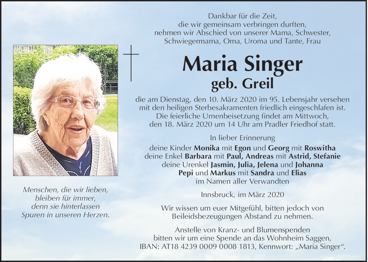 Traueranzeige von Maria Singer vom 10.03.2020 | Tiroler Tageszeitung