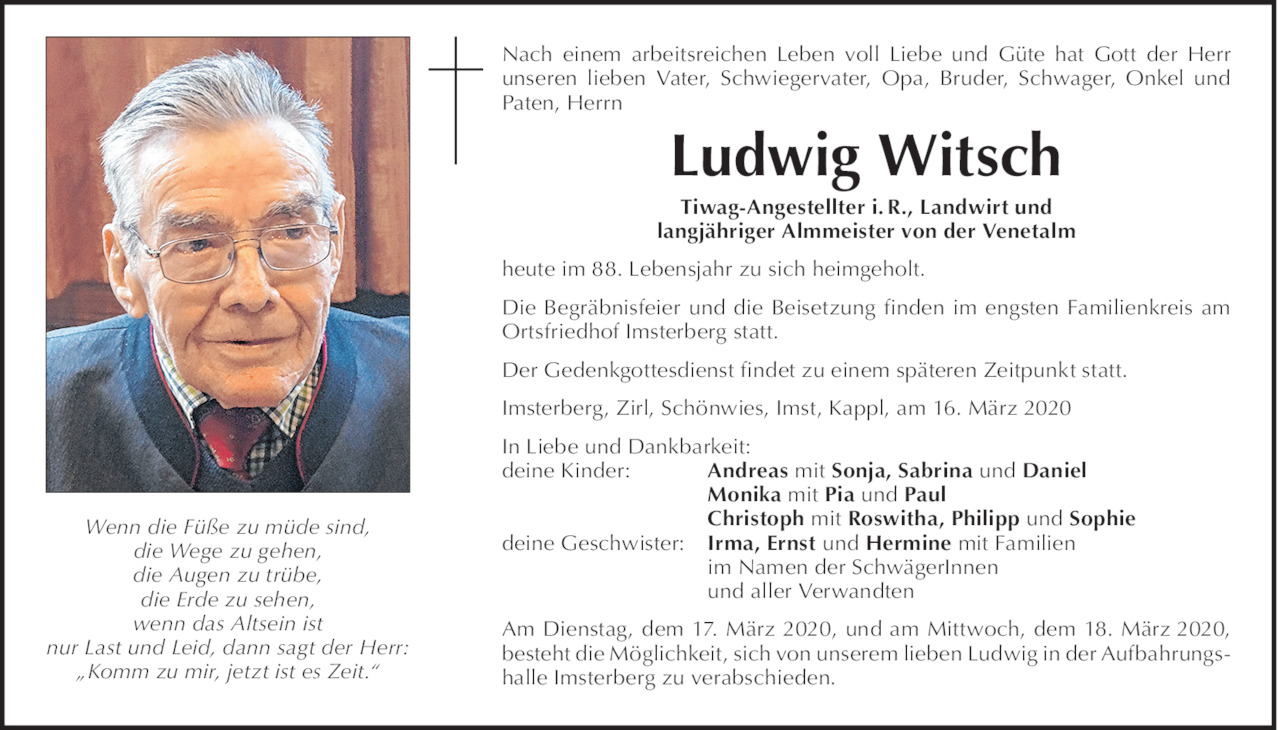 Traueranzeige von Ludwig Witsch vom 18.03.2020 | Tiroler Tageszeitung