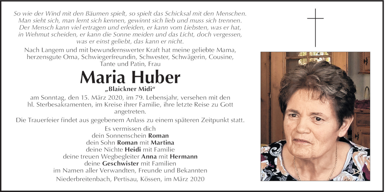 Traueranzeige von Maria Huber vom 15.03.2020 | Tiroler Tageszeitung