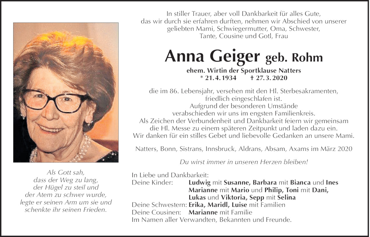 Traueranzeige von Anna Geiger vom 27.03.2020 | Tiroler Tageszeitung