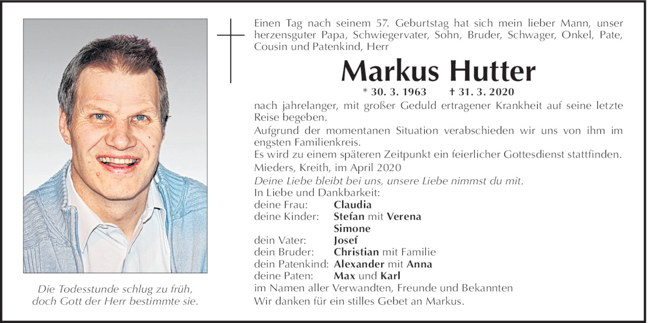 Traueranzeige von Markus Hutter vom 31.03.2020 | Tiroler Tageszeitung