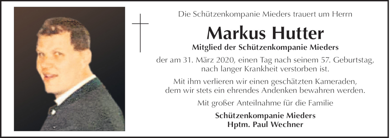 Traueranzeige von Markus Hutter vom 31.03.2020 | Tiroler Tageszeitung