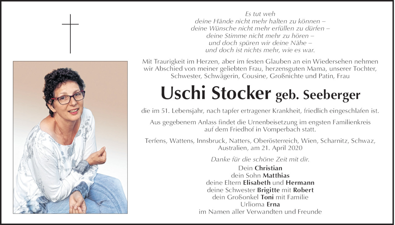 Traueranzeige von Ursula Stocker vom 21.04.2020 | Tiroler Tageszeitung