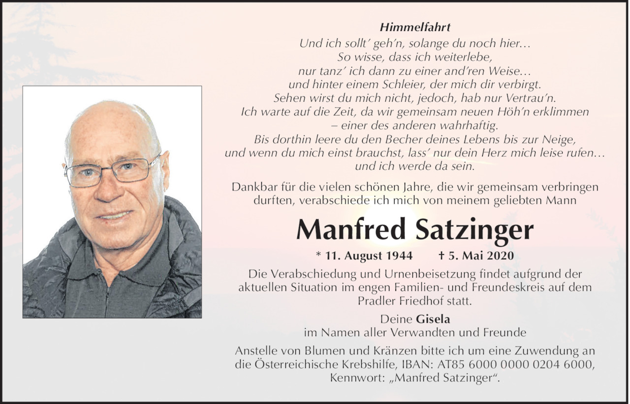 Traueranzeige von Manfred Satzinger vom 05.05.2020 | Tiroler Tageszeitung