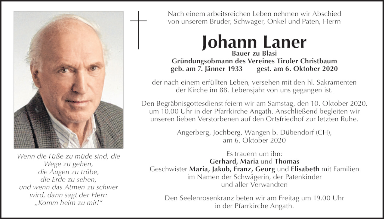 Traueranzeige von Johann Laner vom 06.10.2020 | Tiroler Tageszeitung