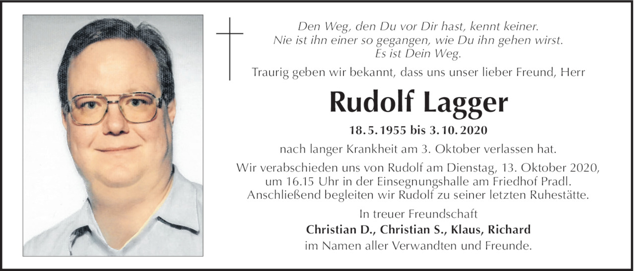 Traueranzeige von Rudolf Lagger vom 03.10.2020 | Tiroler Tageszeitung