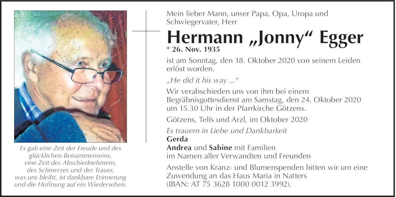 Traueranzeige von Hermann Egger vom 18.10.2020 | Tiroler Tageszeitung