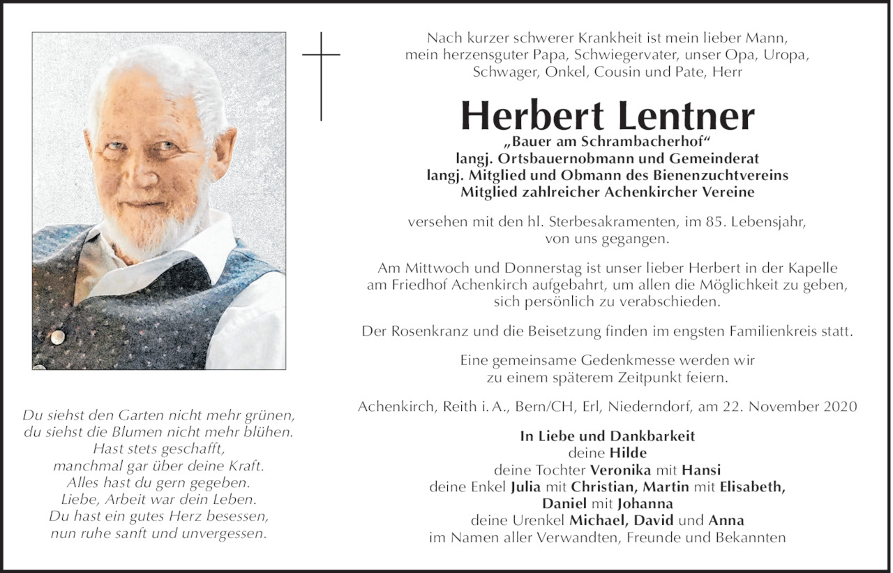 Traueranzeige von Herbert Lentner vom 25.11.2020 | Tiroler Tageszeitung