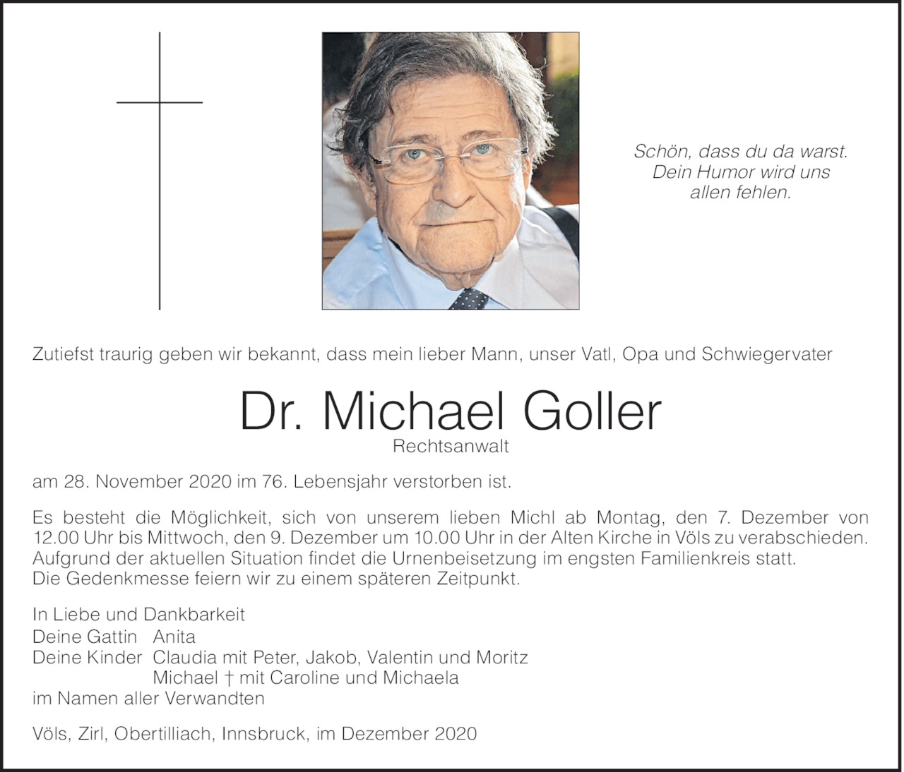Traueranzeige von Michael Goller vom 28.11.2020 | Tiroler Tageszeitung