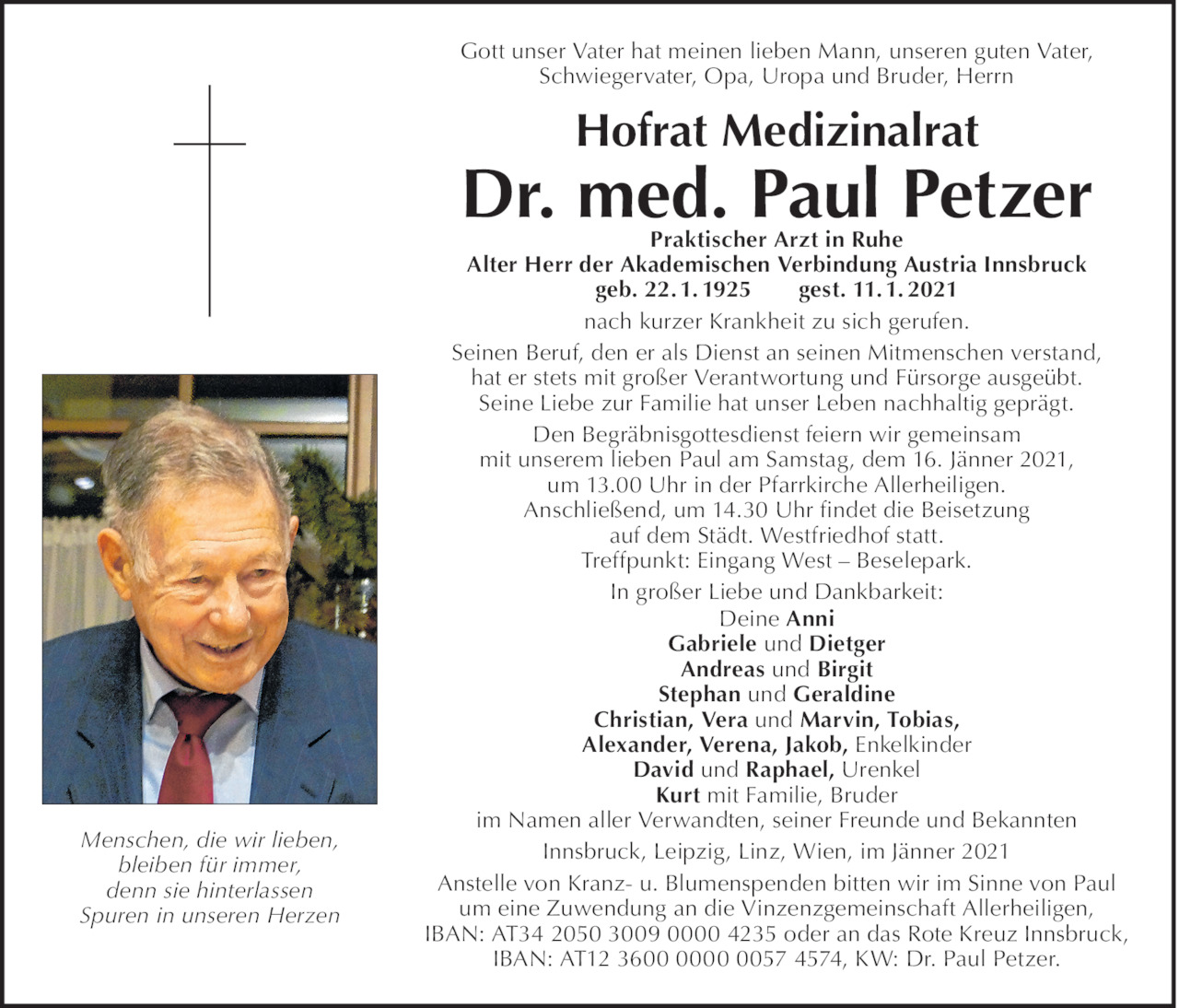 Traueranzeige von Paul Petzer vom 11.01.2021 | Tiroler Tageszeitung