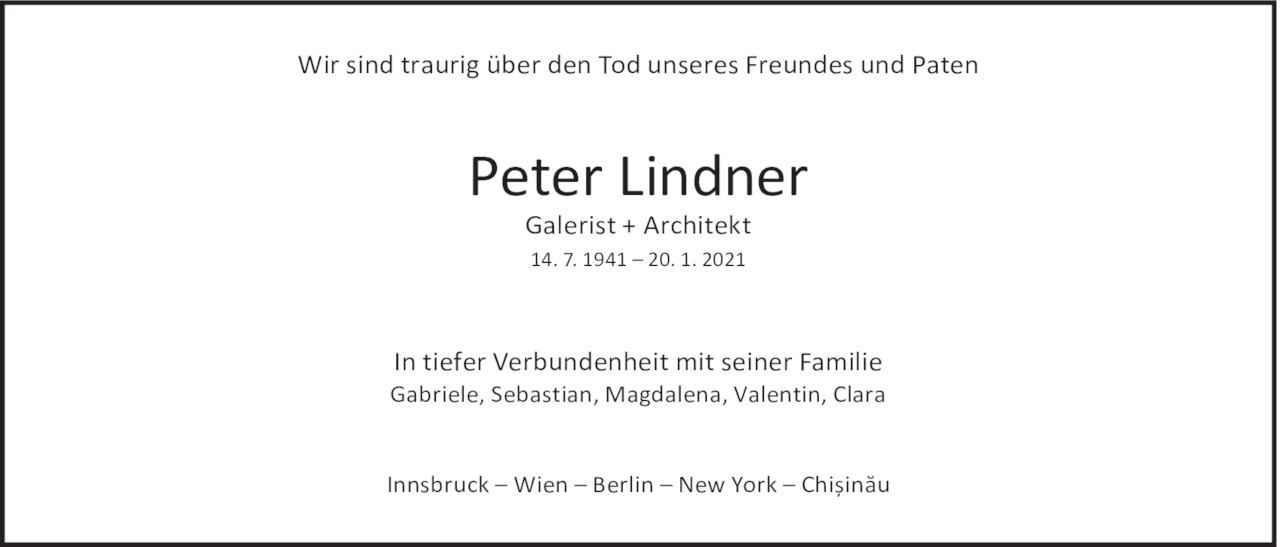 Traueranzeige von Peter Lindner vom 20.01.2021 | Tiroler Tageszeitung