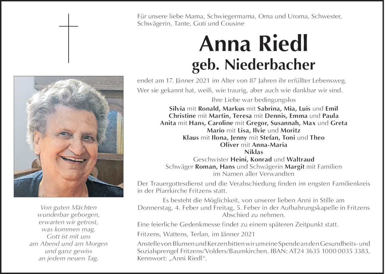 Traueranzeige von Anna Riedl vom 17.01.2021 | Tiroler Tageszeitung