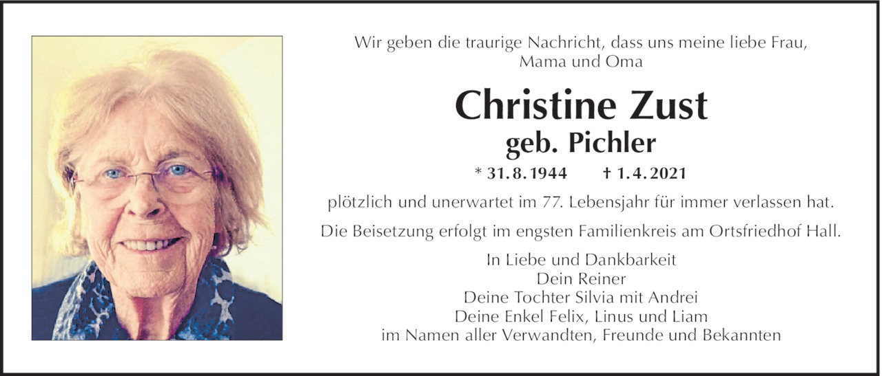 Traueranzeige von Christine Zust vom 01.04.2021 | Tiroler Tageszeitung