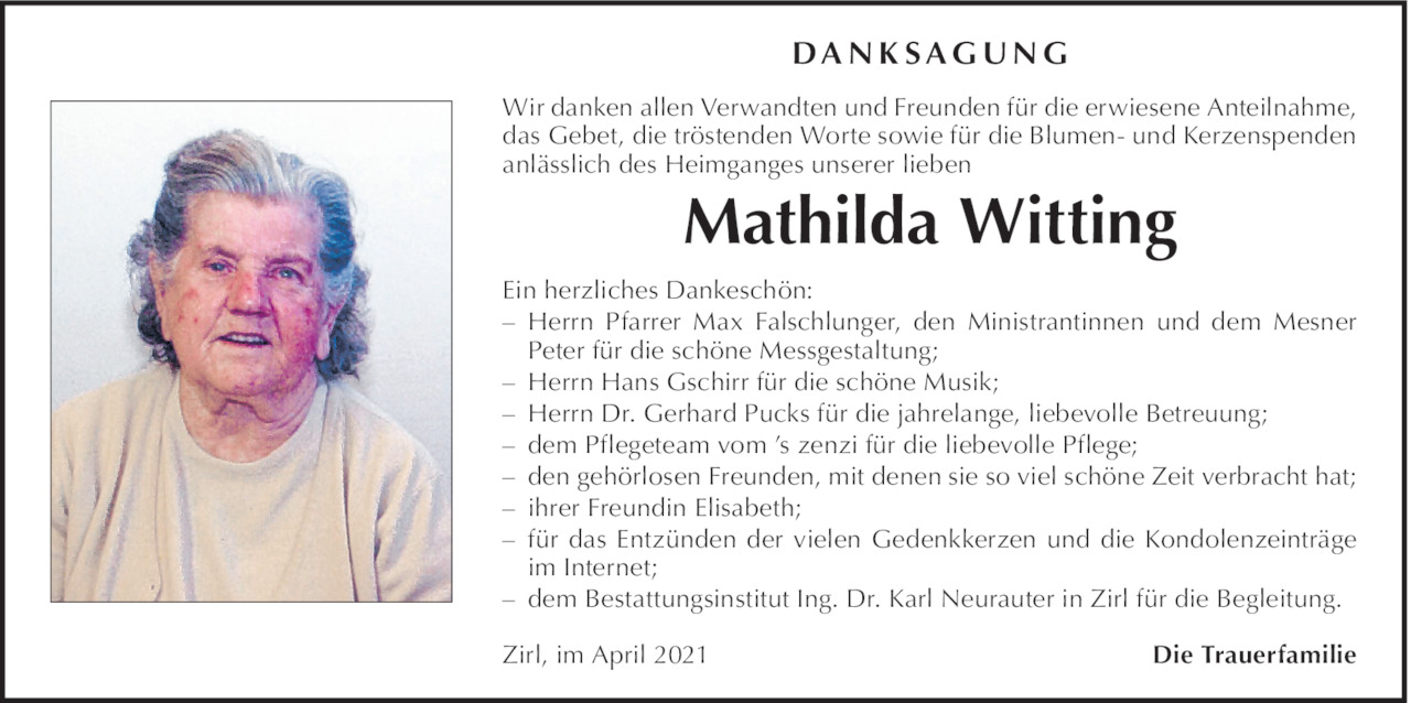 Danksagung von Mathilda Witting vom 10.04.2021 | Tiroler Tageszeitung