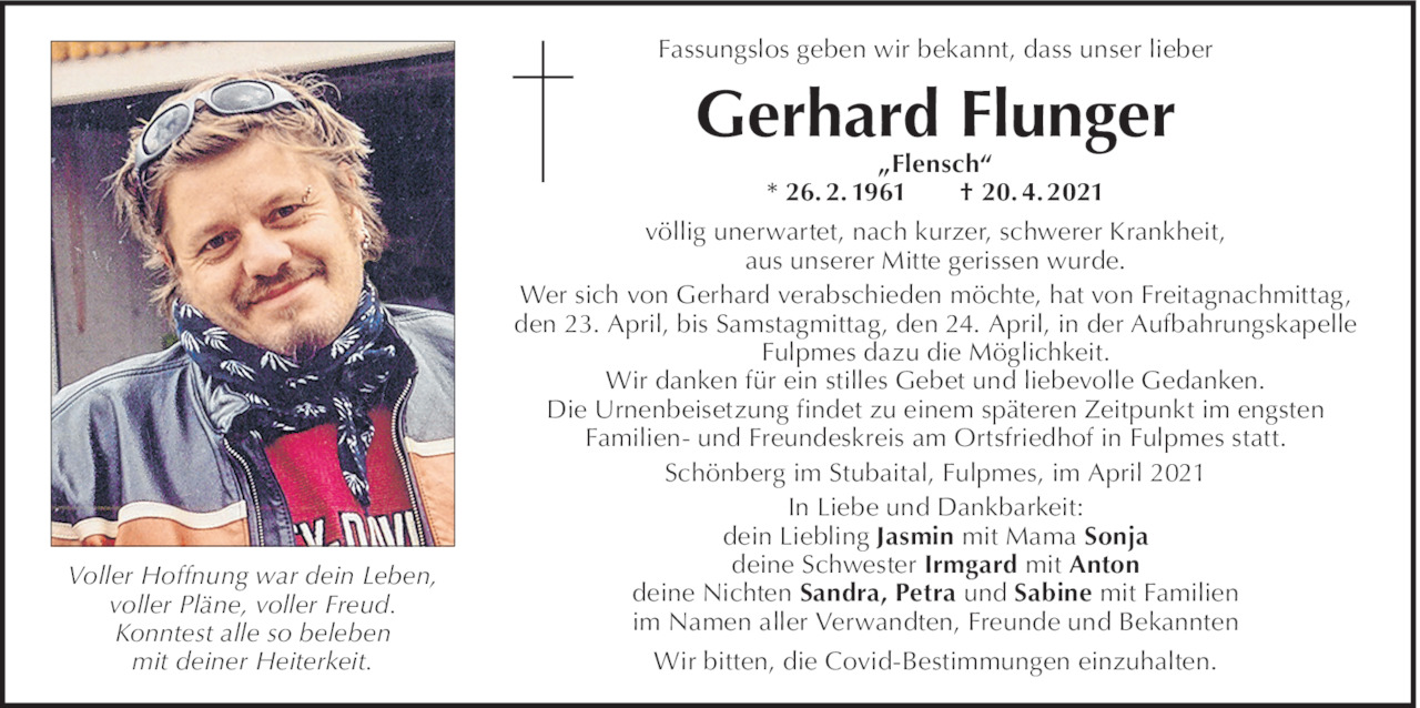Traueranzeige von Gerhard Flunger vom 20.04.2021 | Tiroler Tageszeitung