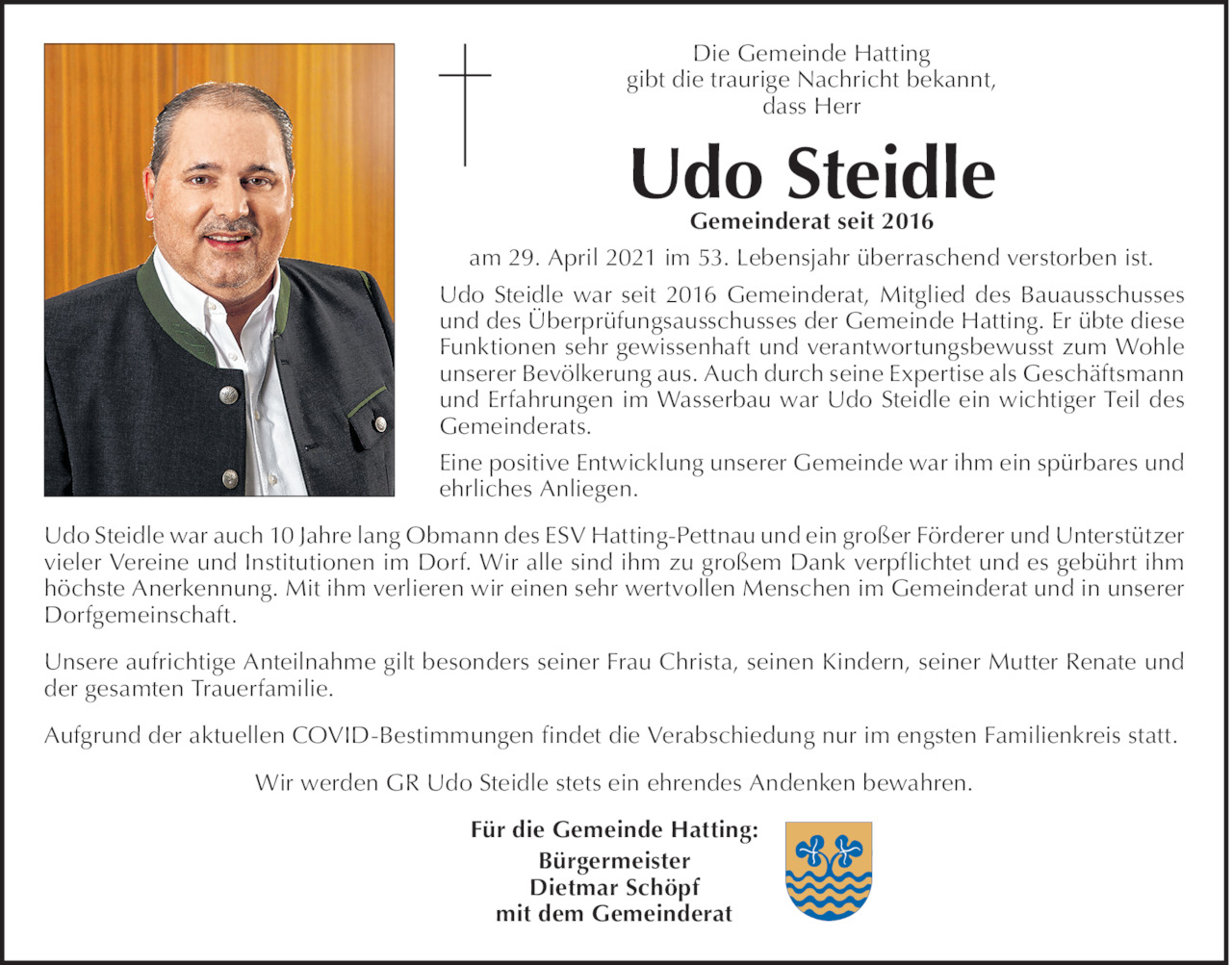 Traueranzeige von Udo Steidle vom 29.04.2021 | Tiroler Tageszeitung