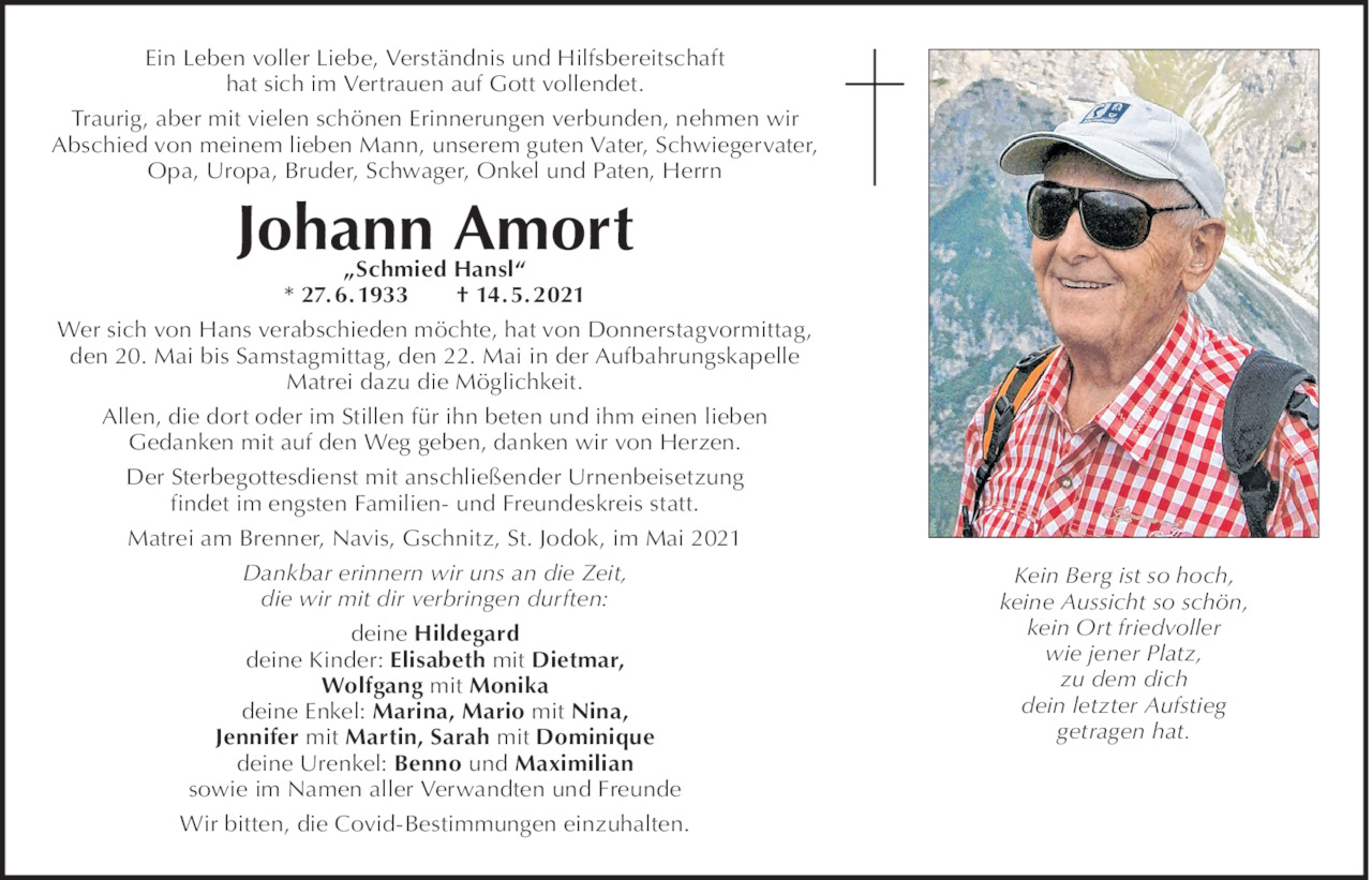 Traueranzeige von Johann Amort vom 14.05.2021 | Tiroler Tageszeitung