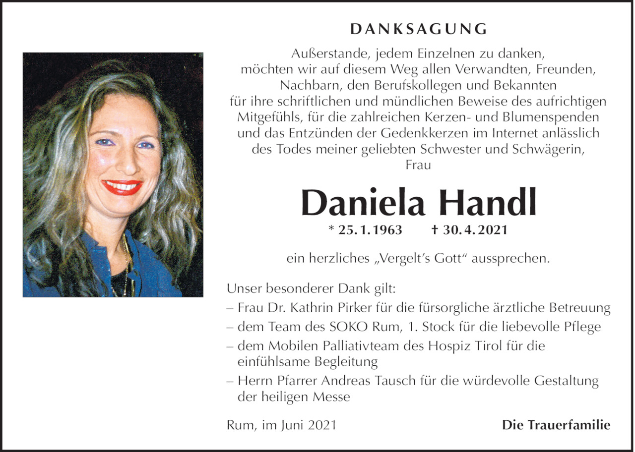 Danksagung von Daniela Handl vom 30.04.2021 | Tiroler Tageszeitung