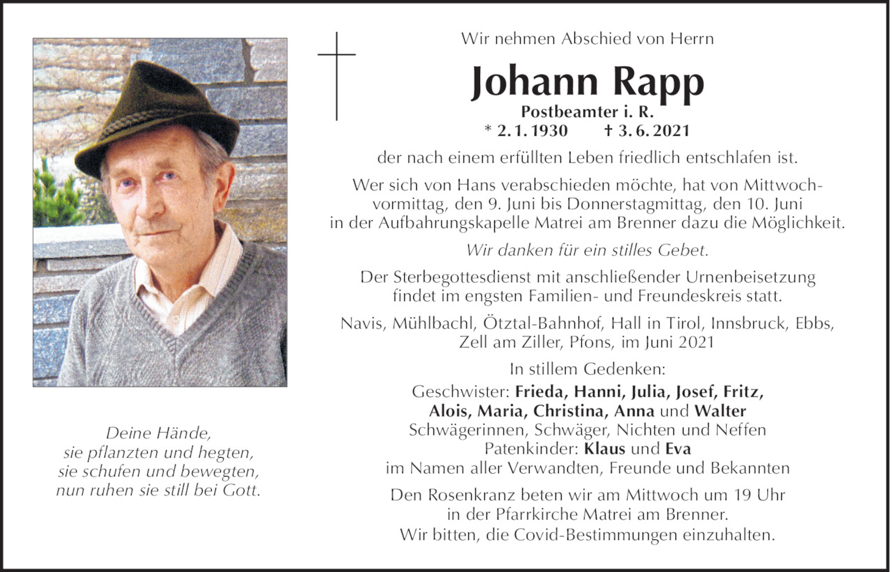 Traueranzeige von Johann Rapp vom 03.06.2021 | Tiroler Tageszeitung