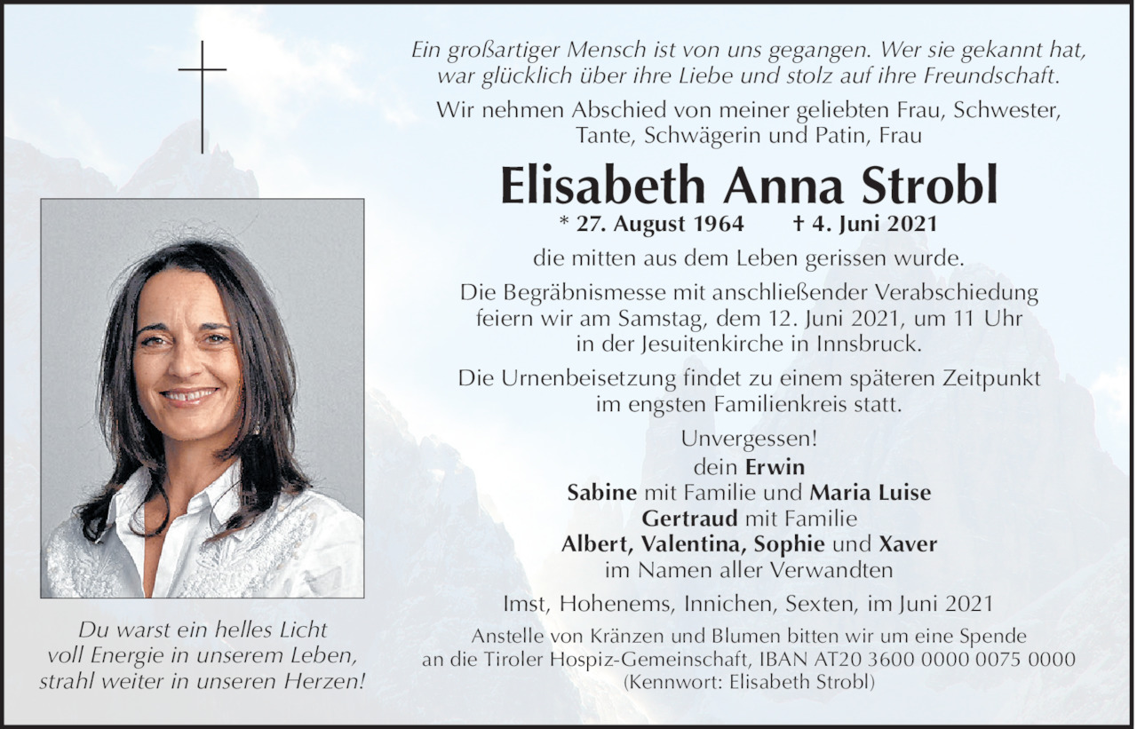 Traueranzeige von Elisabeth Anna Strobl vom 04.06.2021 | Tiroler ...