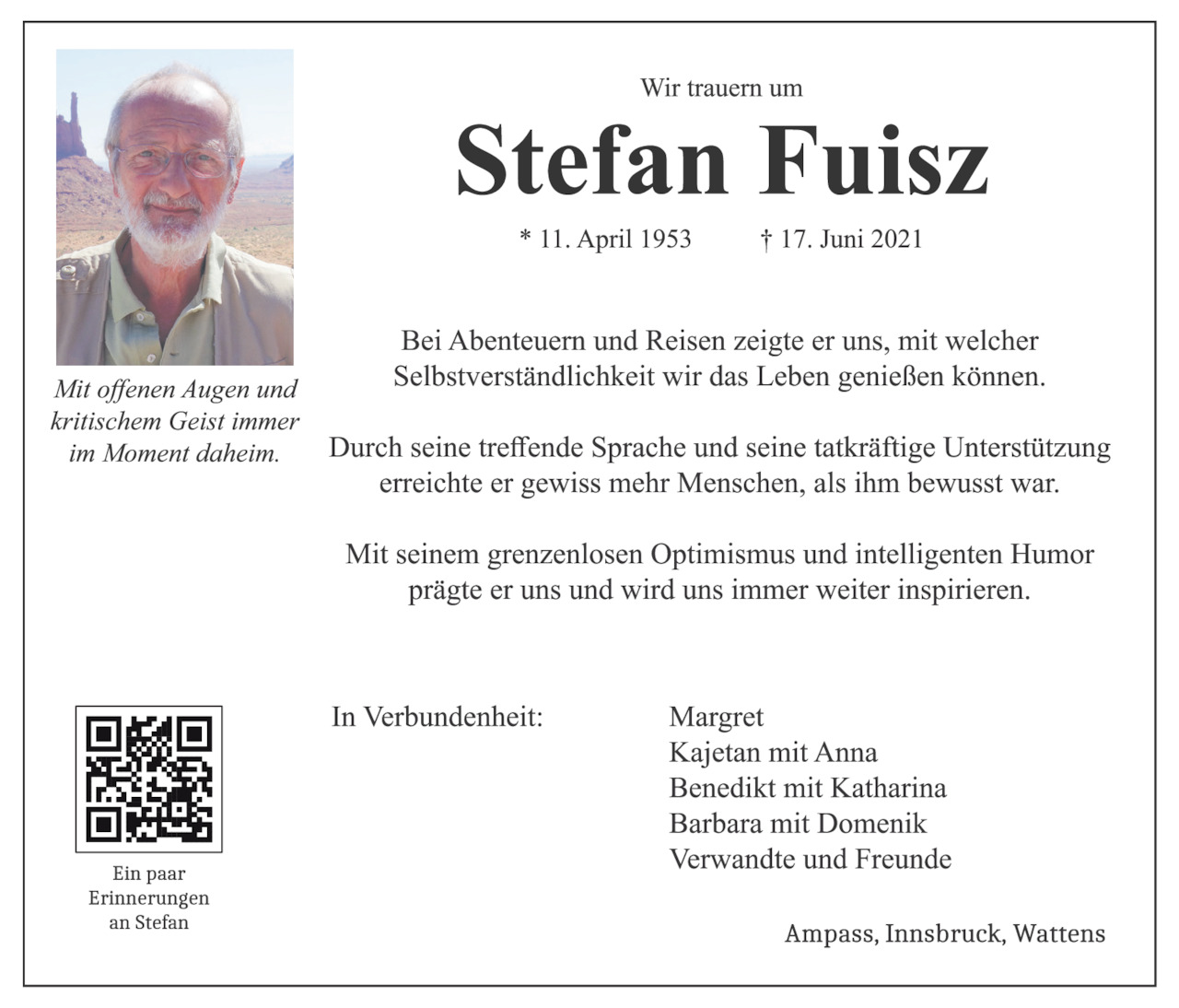 Traueranzeige von Stefan Fuisz vom 17.06.2021 | Tiroler Tageszeitung