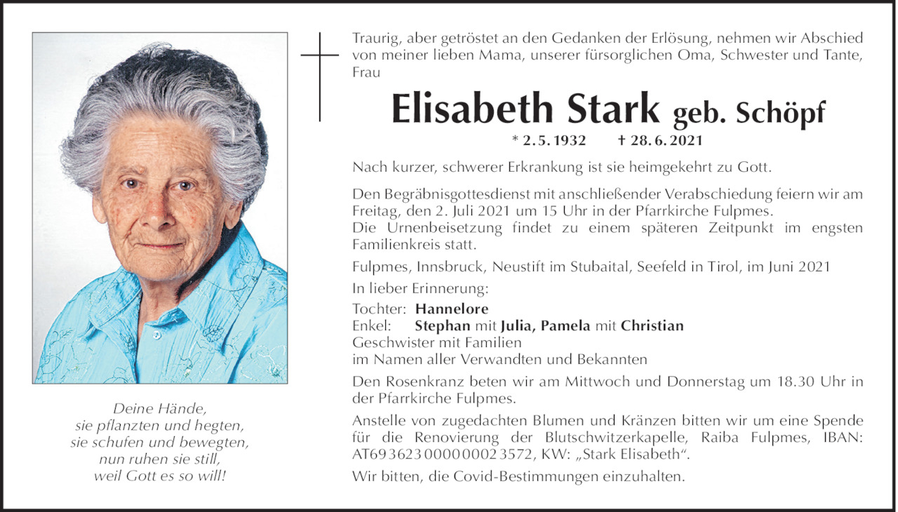 Traueranzeige von Elisabeth Stark vom 28.06.2021 | Tiroler Tageszeitung