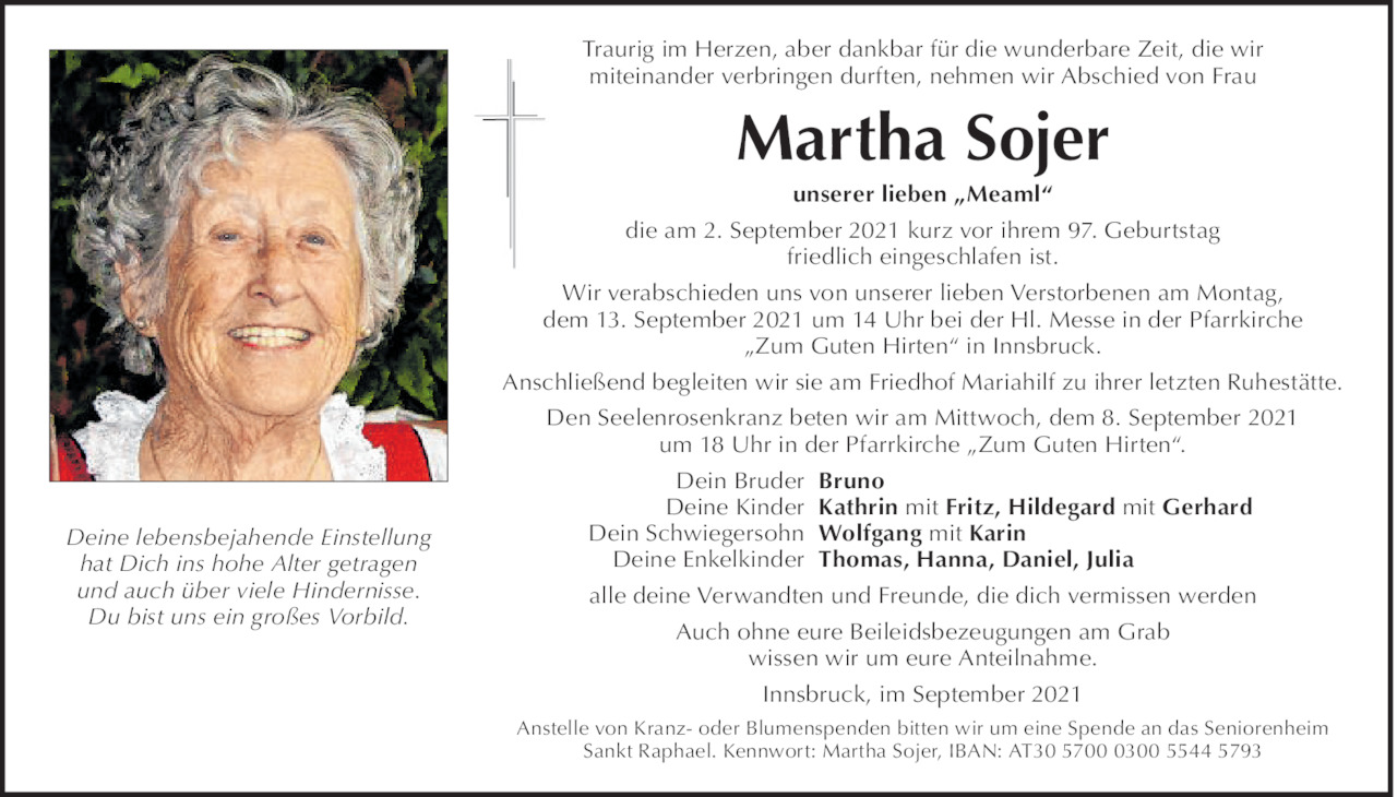 Traueranzeige von Martha Sojer vom 02.09.2021 | Tiroler Tageszeitung