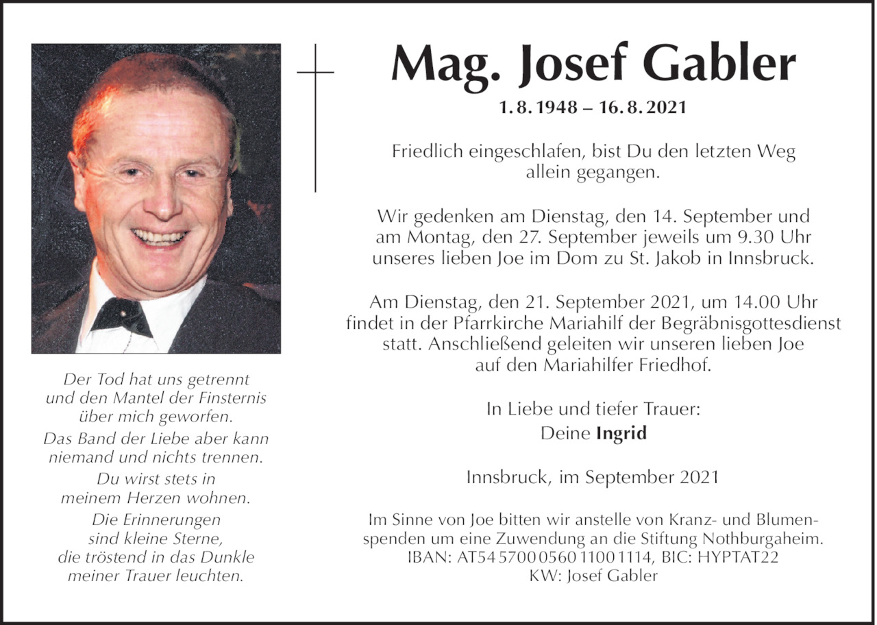 Traueranzeige von Josef Gabler vom 16.08.2021 | Tiroler Tageszeitung