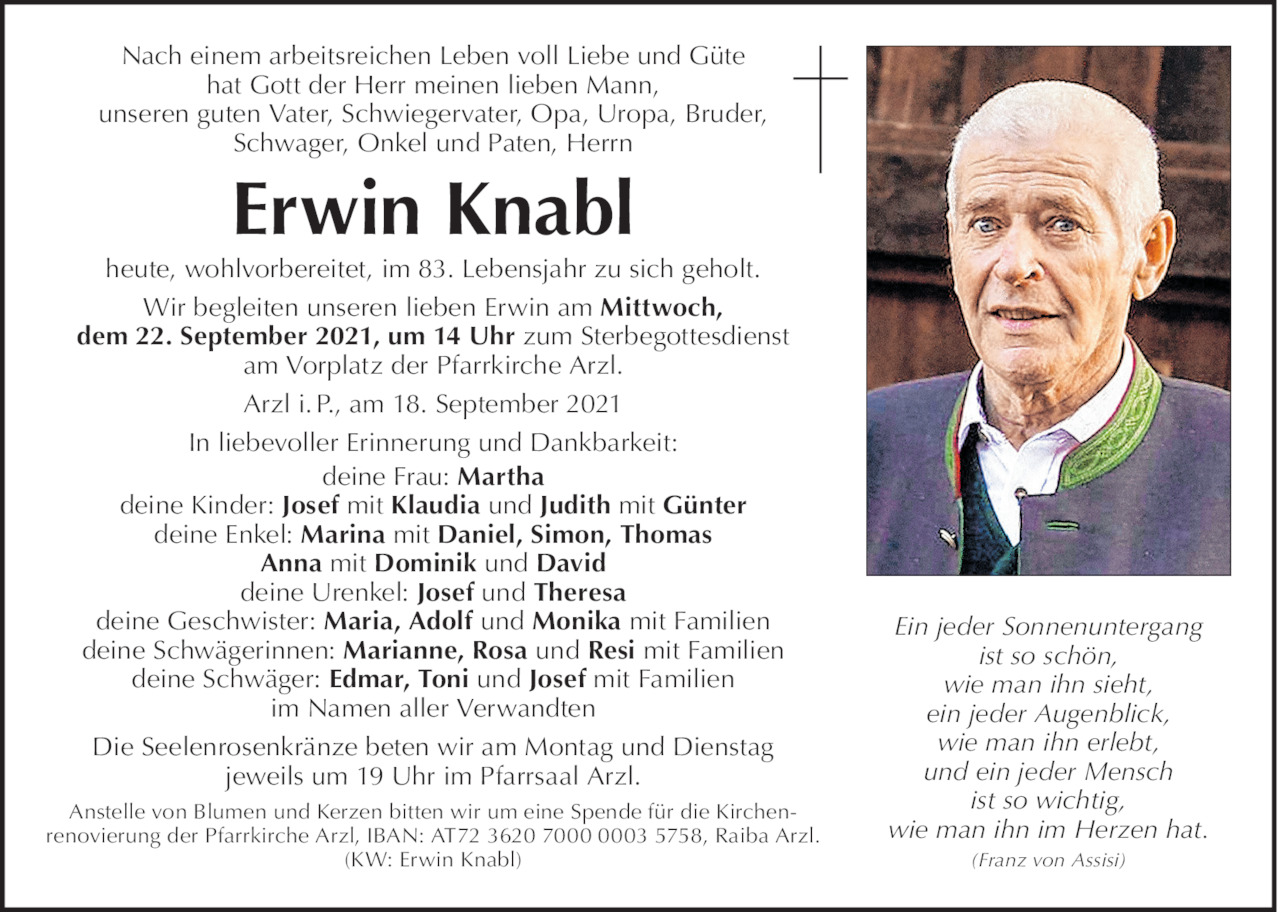 Traueranzeige von Erwin Knabl vom 20.09.2021 | Tiroler Tageszeitung