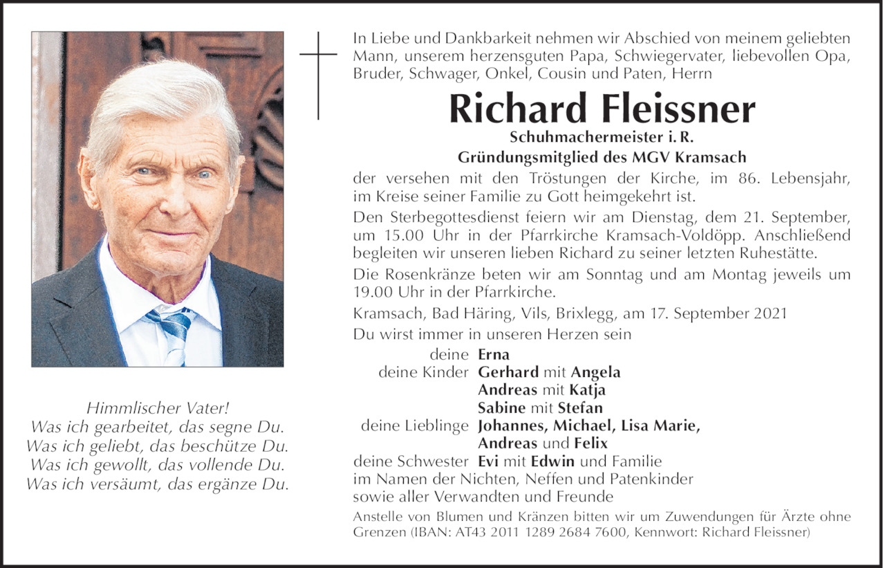 Traueranzeige von Richard Fleissner vom 20.09.2021 | Tiroler Tageszeitung