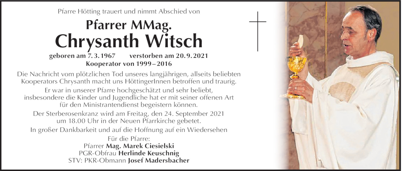Traueranzeige von Chrysanth Witsch vom 20.09.2021 | Tiroler Tageszeitung
