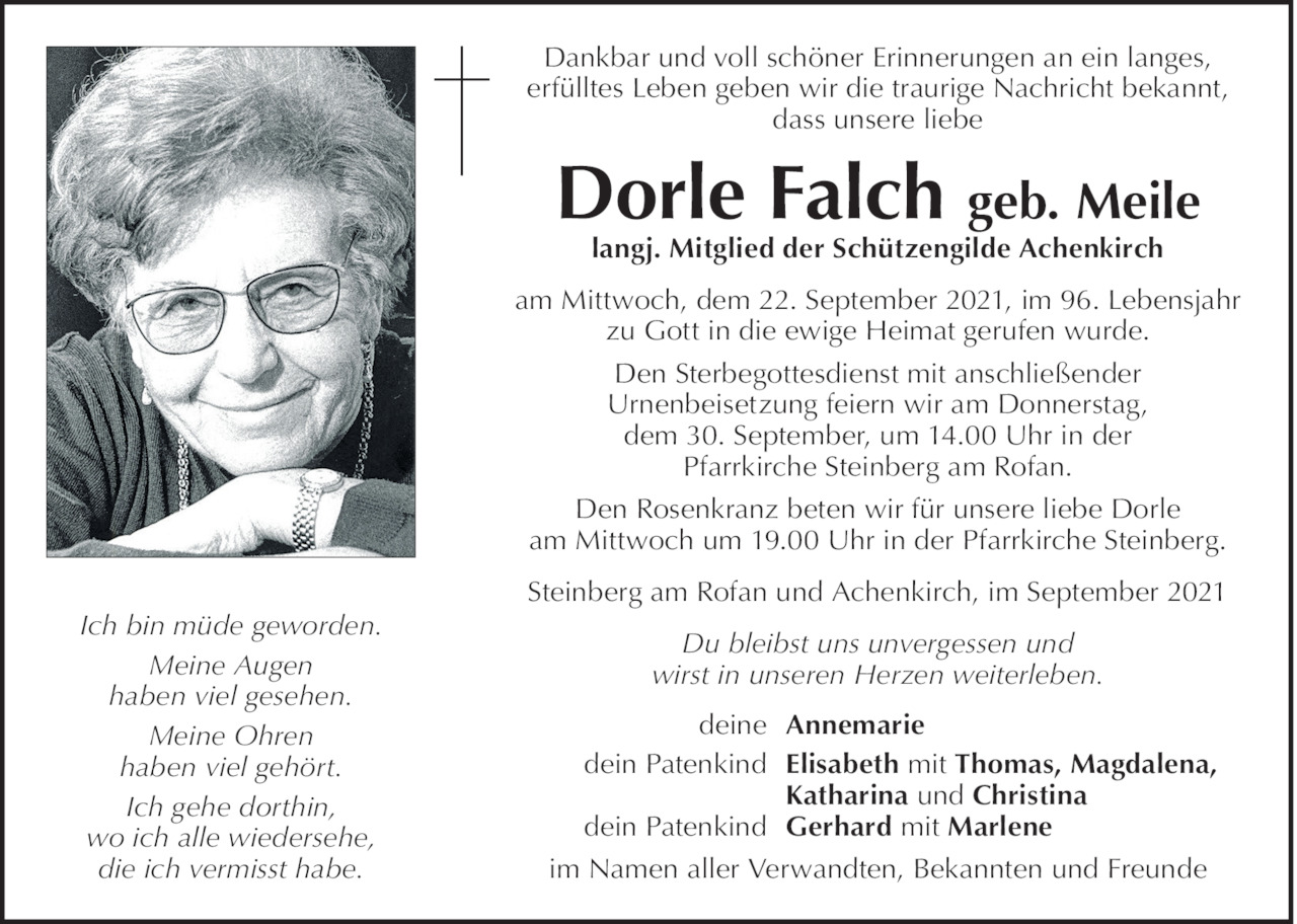 Traueranzeige von Dorle Falch vom 22.09.2021 | Tiroler Tageszeitung
