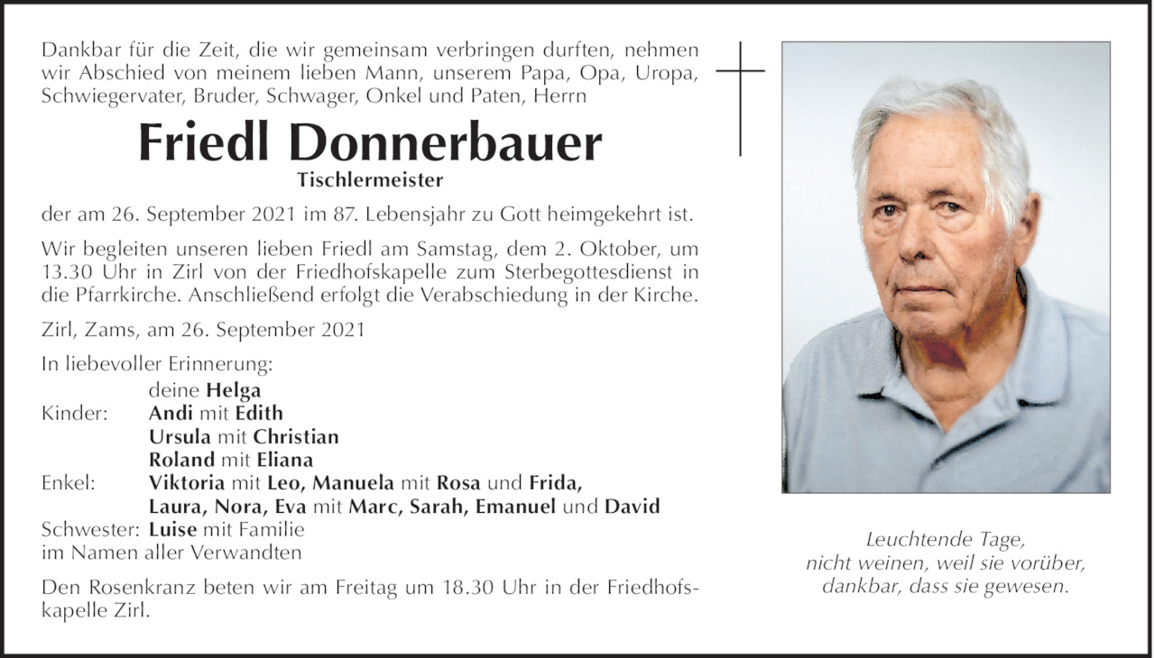 Traueranzeige von Friedl Donnerbauer vom 26.09.2021 | Tiroler Tageszeitung