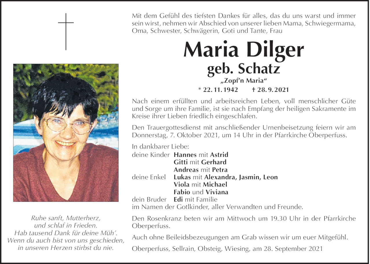 Traueranzeige von Maria Dilger vom 28.09.2021 | Tiroler Tageszeitung
