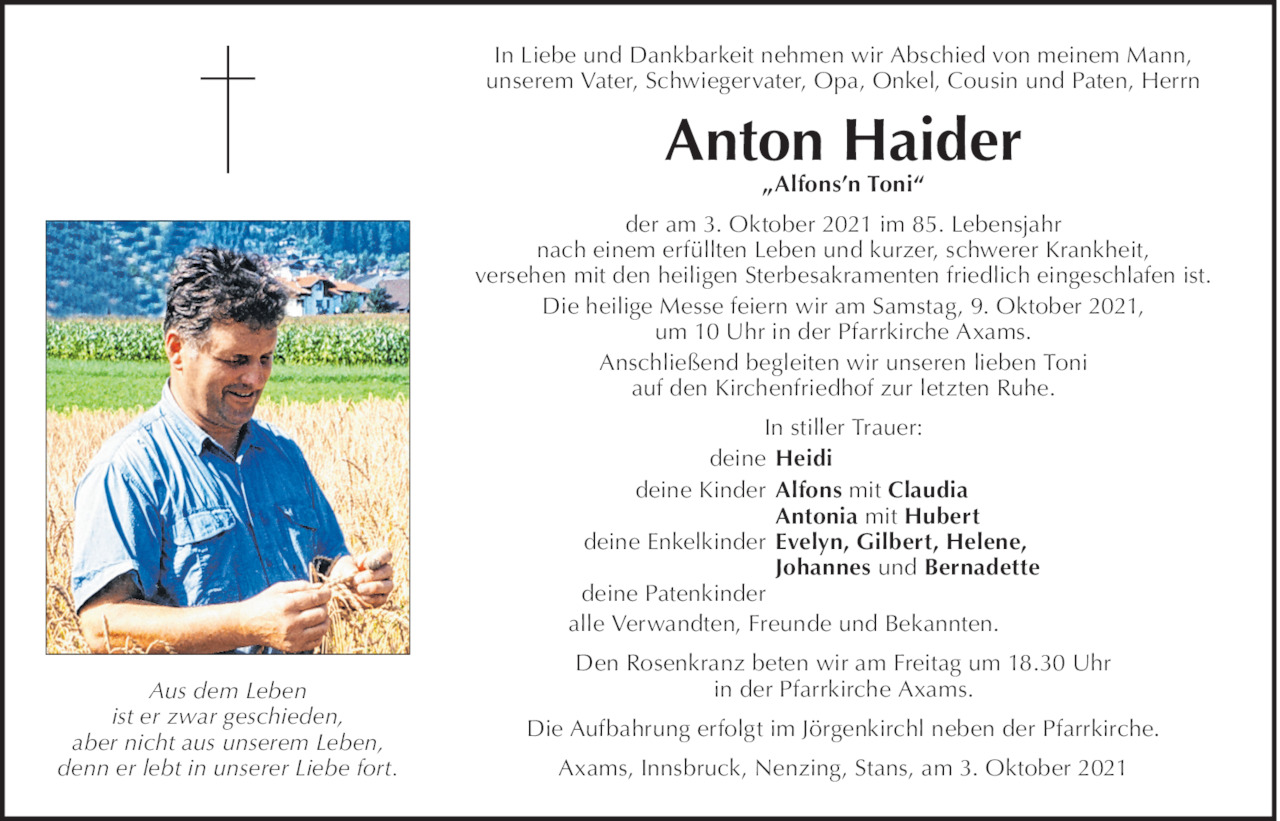 Traueranzeige von Anton Haider vom 03.10.2021 | Tiroler Tageszeitung