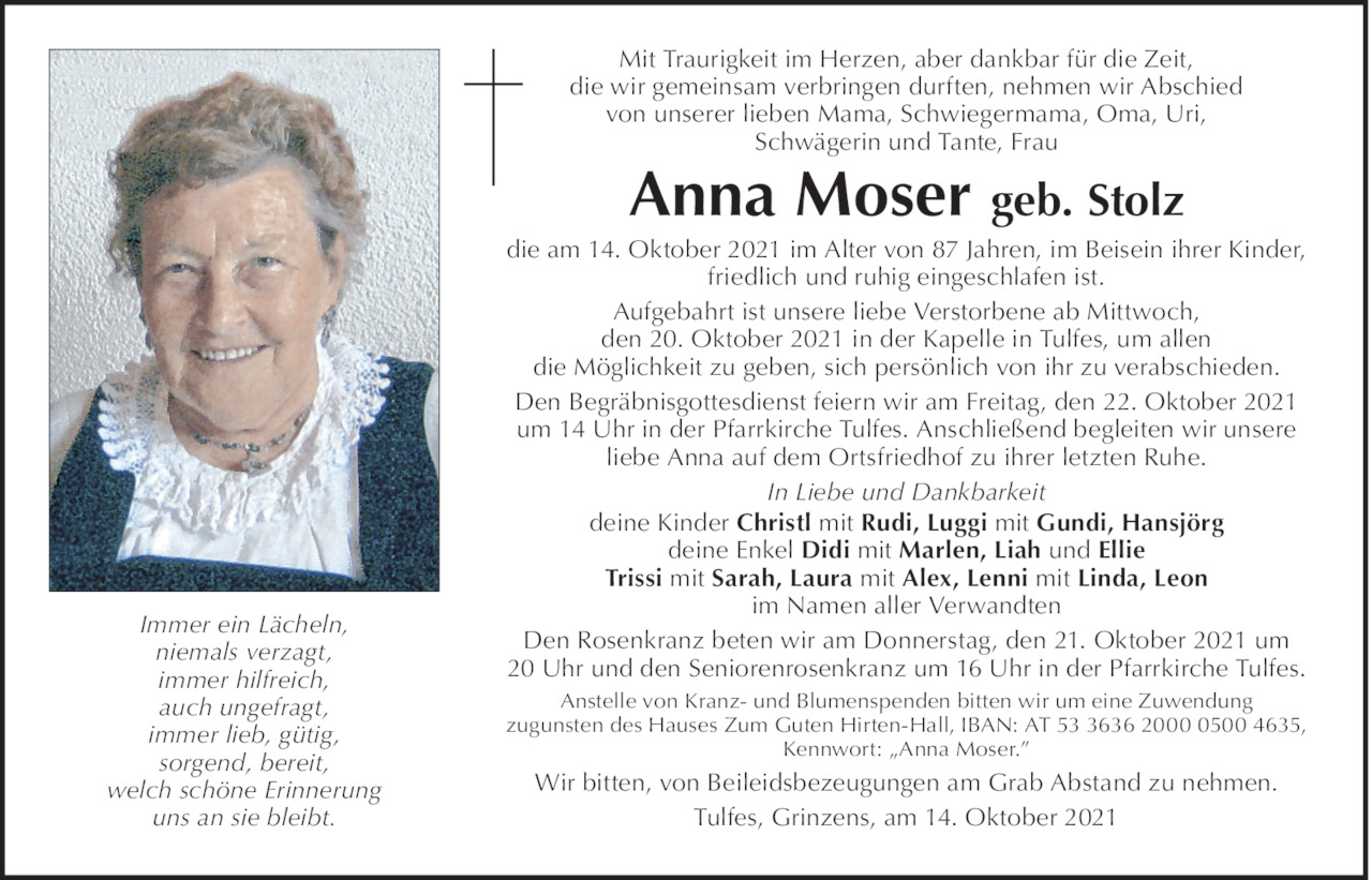 Traueranzeige von Anna Moser vom 14.10.2021 | Tiroler Tageszeitung