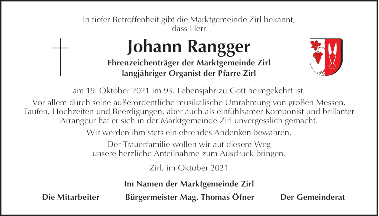 Traueranzeige von Hans Rangger vom 19.10.2021 | Tiroler Tageszeitung