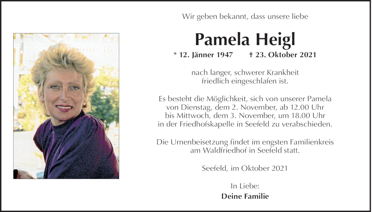 Traueranzeige von Pamela Heigl vom 23.10.2021 | Tiroler Tageszeitung