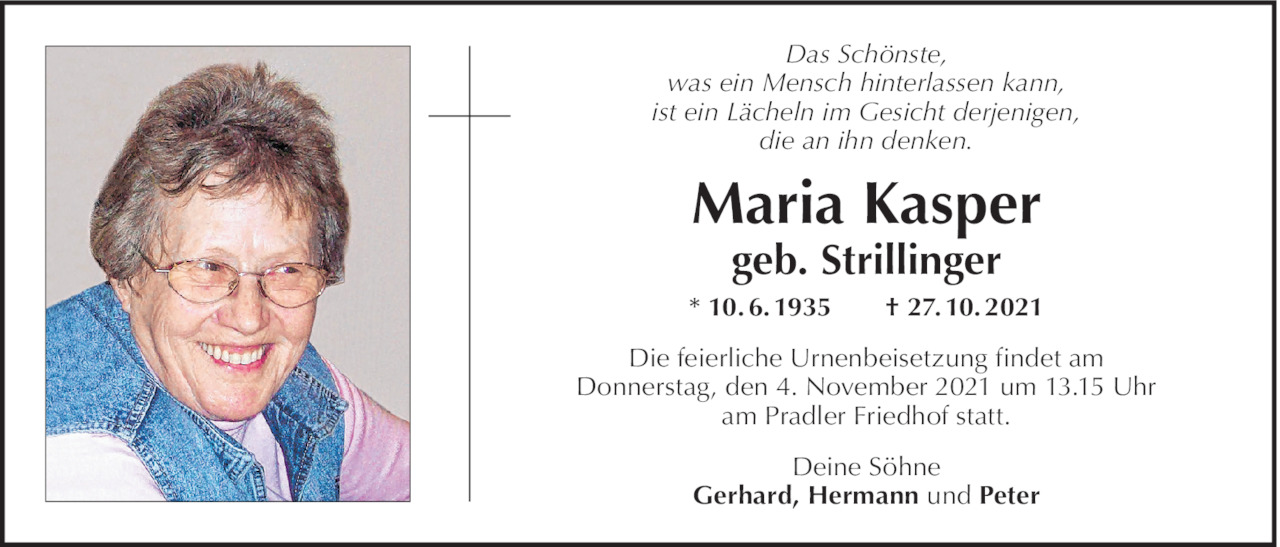 Traueranzeige von Maria Kasper vom 27.10.2021 | Tiroler Tageszeitung