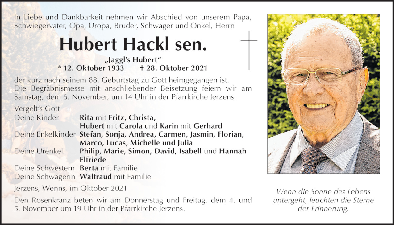 Traueranzeige von Hubert Hackl sen. vom 28.10.2021 | Tiroler Tageszeitung