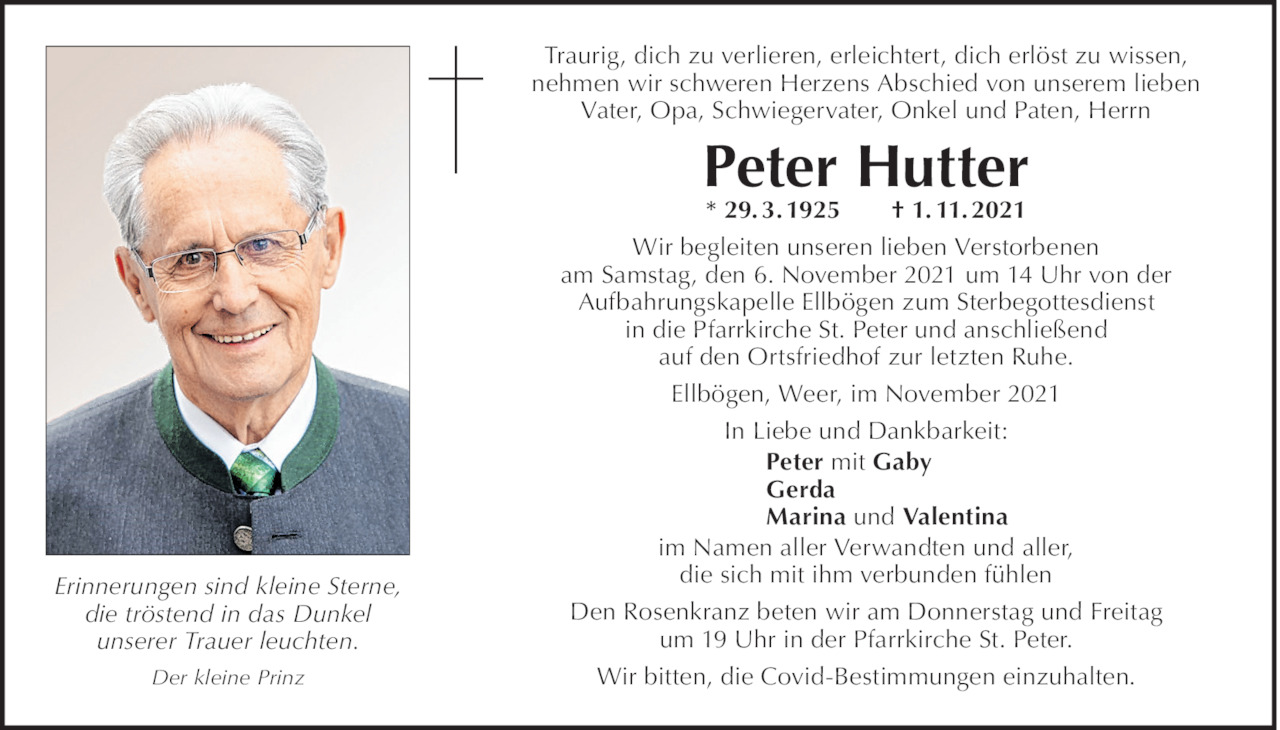 Traueranzeige von Peter Hutter vom 01.11.2021 | Tiroler Tageszeitung