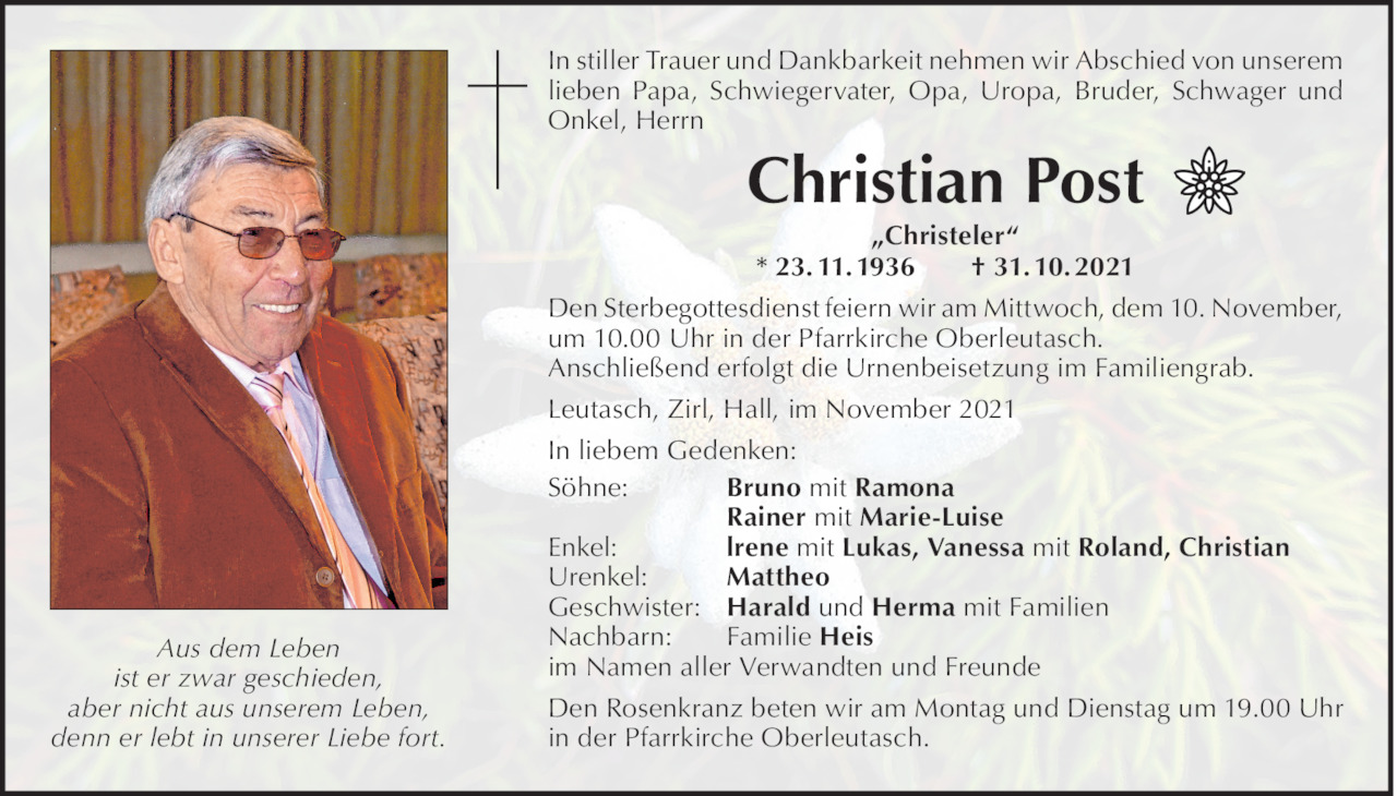 Traueranzeige von Christian Post vom 31.10.2021 | Tiroler Tageszeitung
