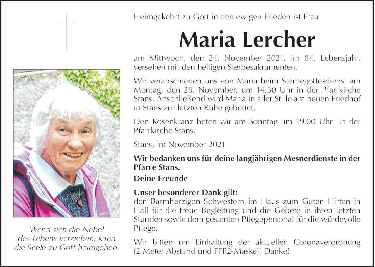 Traueranzeige von Maria Lercher vom 24.11.2021 | Tiroler Tageszeitung