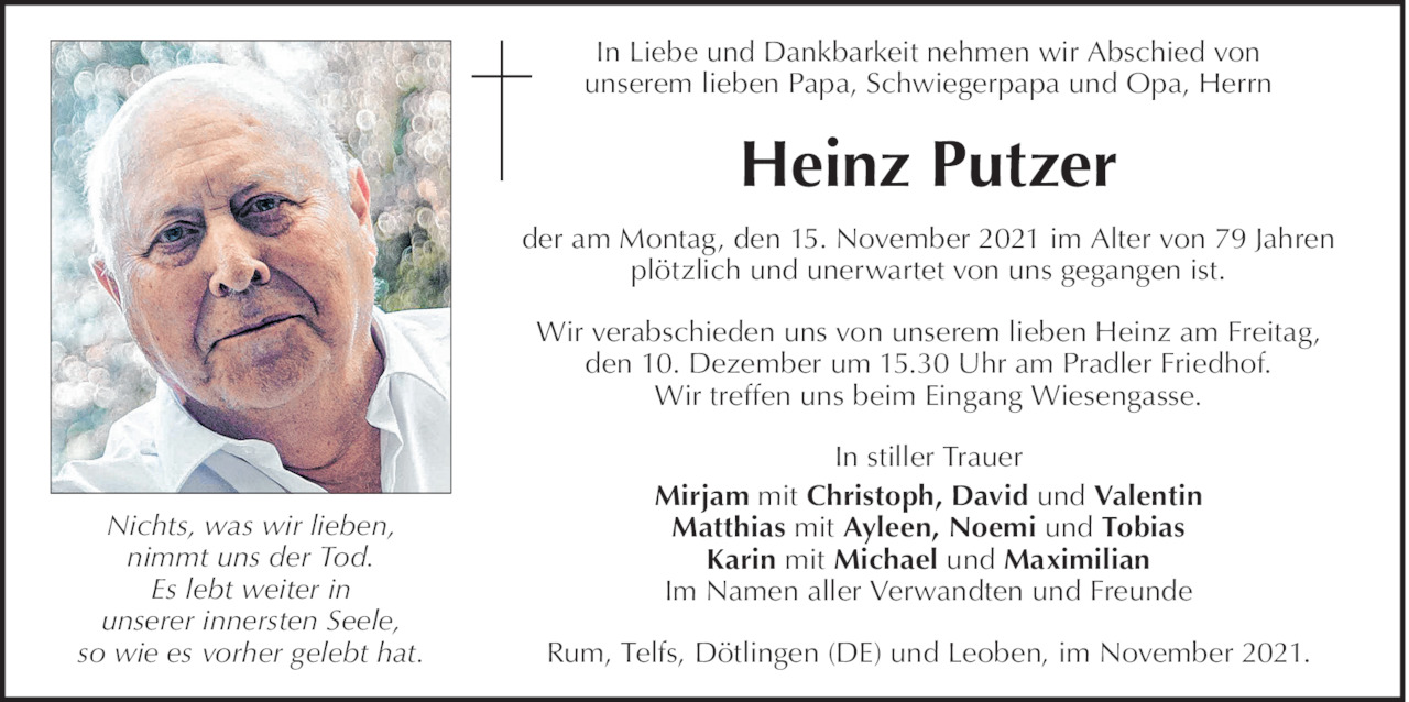 Traueranzeige von Heinz Putzer vom 15.11.2021 | Tiroler Tageszeitung